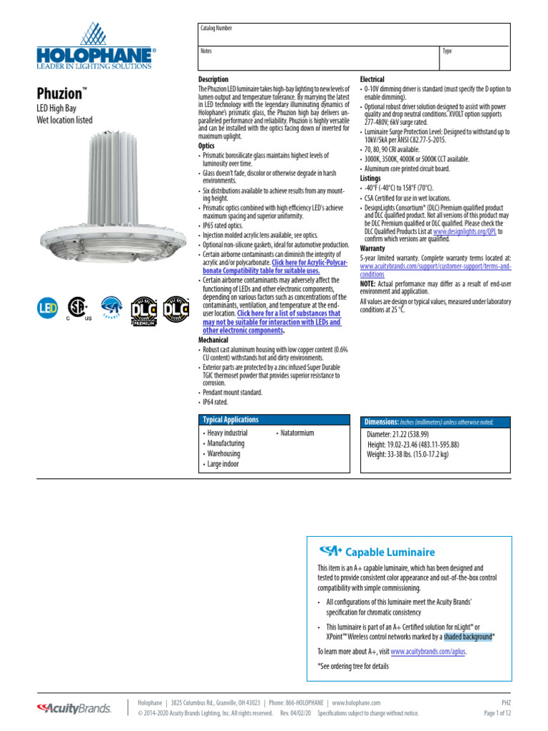 Phuzion: LED High Bay Wet Location Listed | PDF