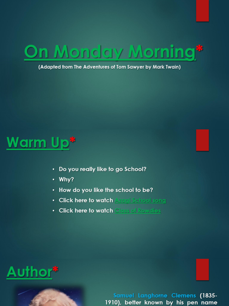 Story On Monday Morning | PDF | Mark Twain | Language Arts & Discipline