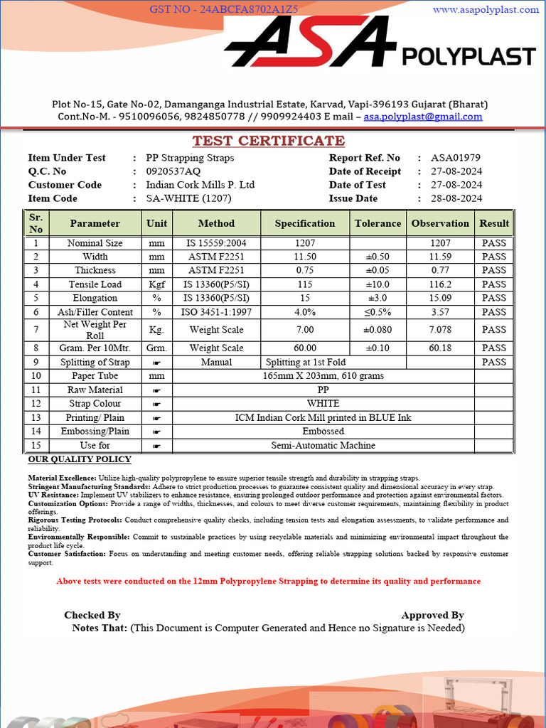 PP Strapping QC-Test Certificate | PDF