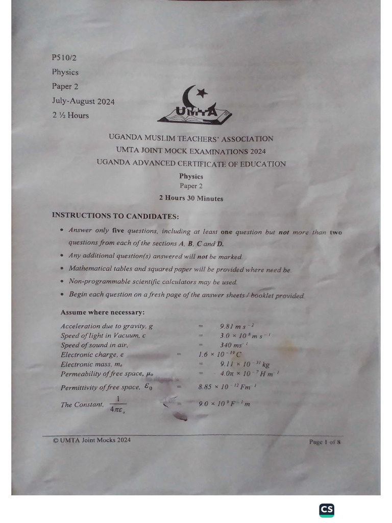 Umta s6 2024 Physics 2 | PDF