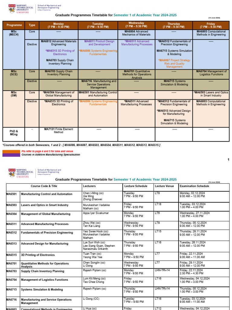 Website MAE PG Timetable For AY2024 S1 - 14 June 2024 (ME) | PDF
