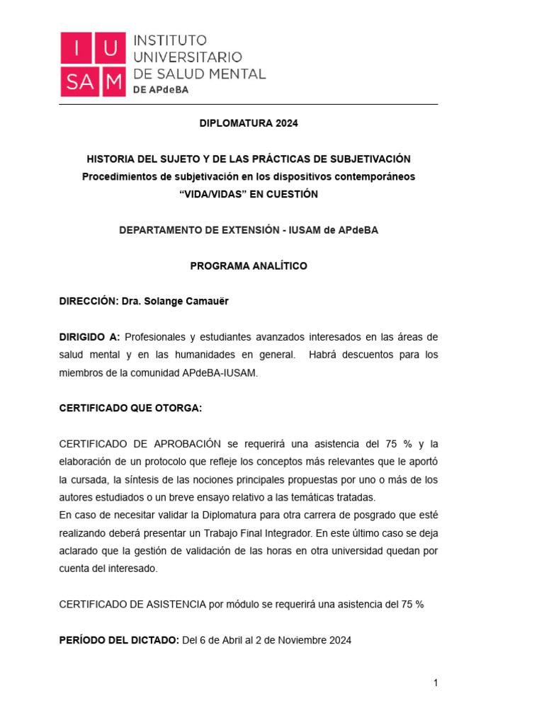 Programa Historia Del Sujeto 2024 | PDF