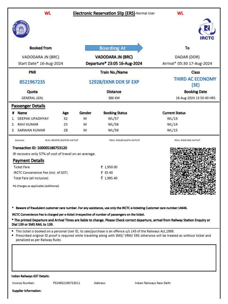 12928/eknr DDR SF Exp Third Ac Economy (3E) : WL WL | PDF