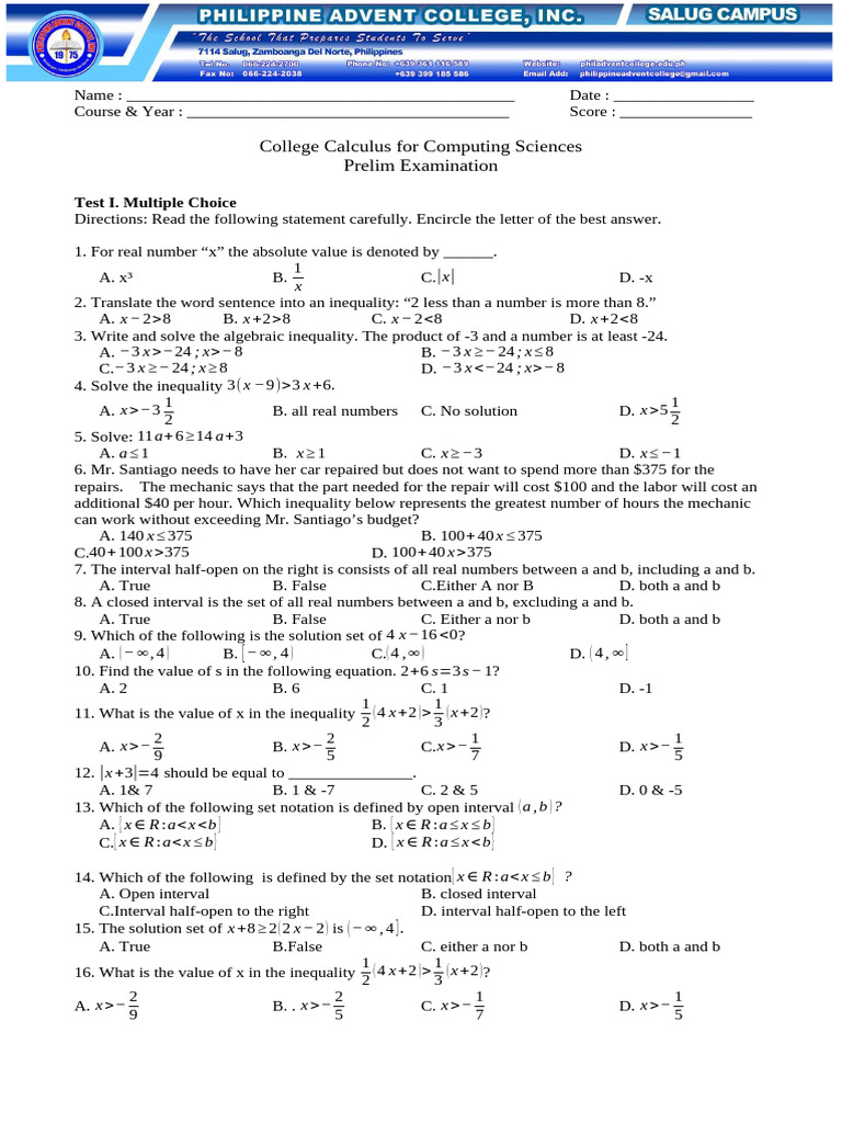 College Calculus Prelim | PDF