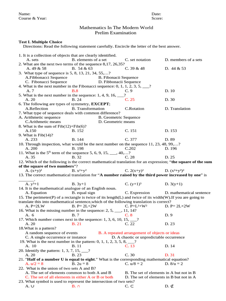 Mathematics in The Modern World Prelim With Answer Keys | PDF