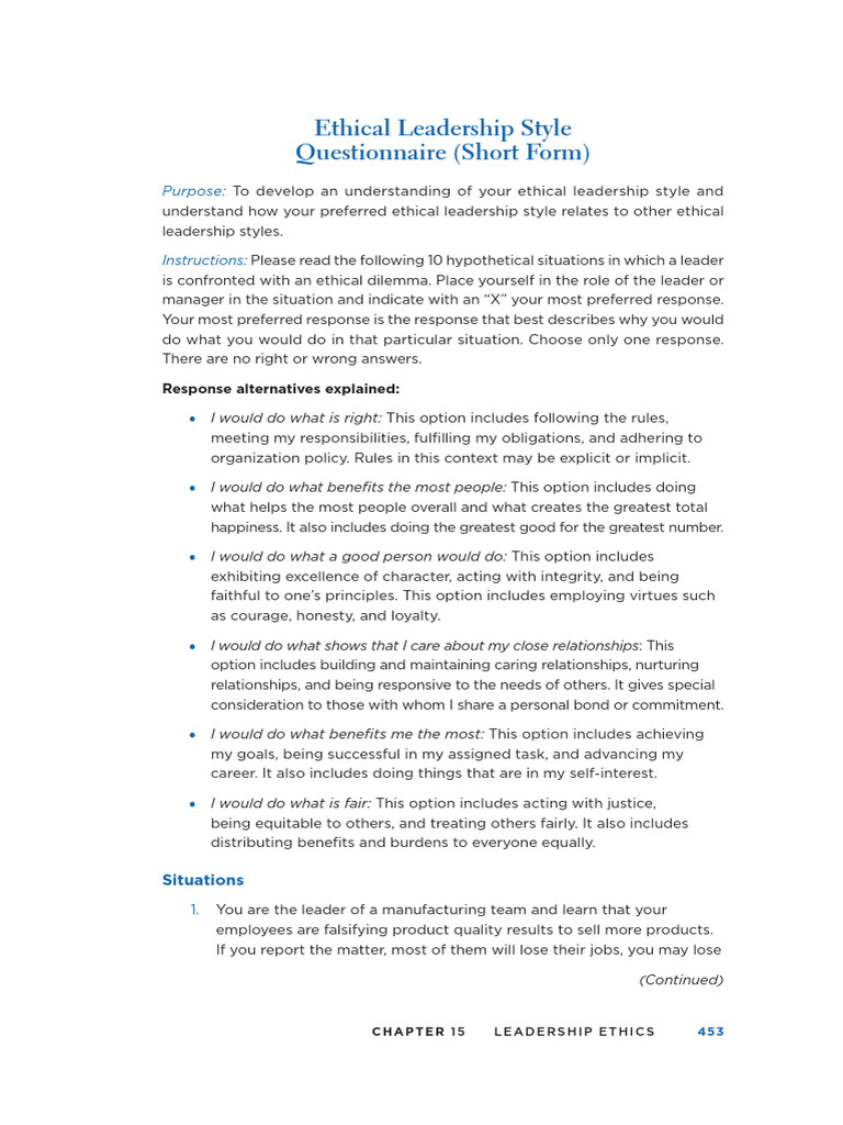 Chapter 15 Ethical Leadership Style Questionnaire | PDF