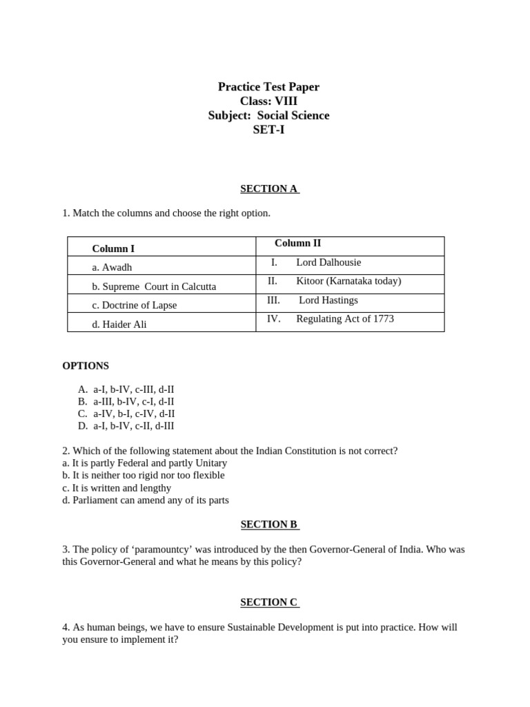 Class 8 Social Science Practice Test | PDF | Justice | Politics