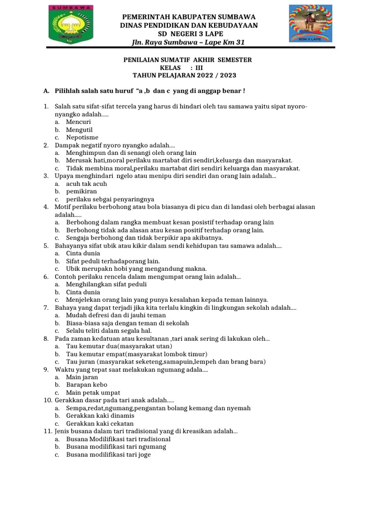 Soal SAS 2 MULOK KLS 3 | PDF