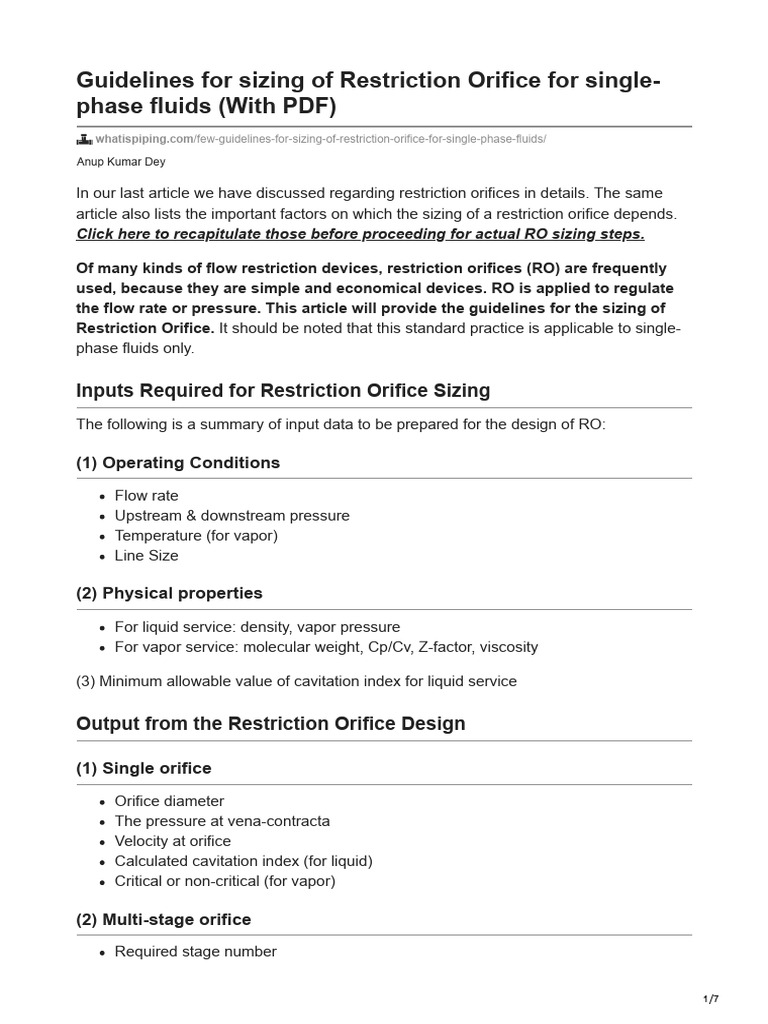 Guidelines For Sizing of Restriction Orifice For Single-Phase Fluids ...