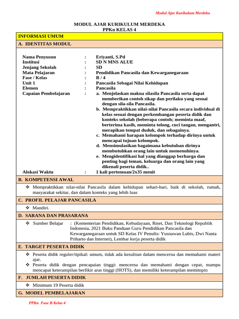 Modul Ajar PPKN Unit I | PDF