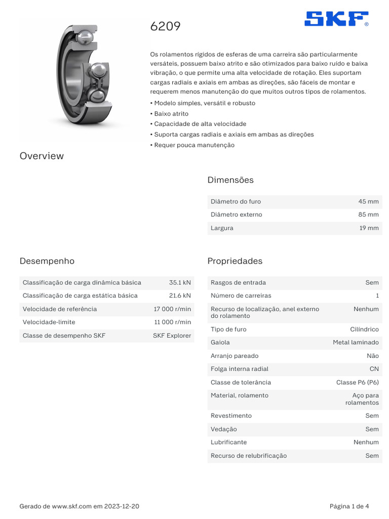 SKF 6209 Specification | PDF