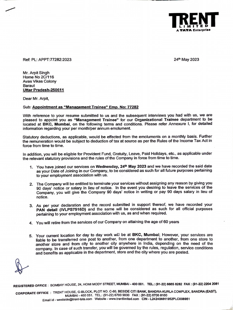 Offer Letter - Tata Trent | PDF
