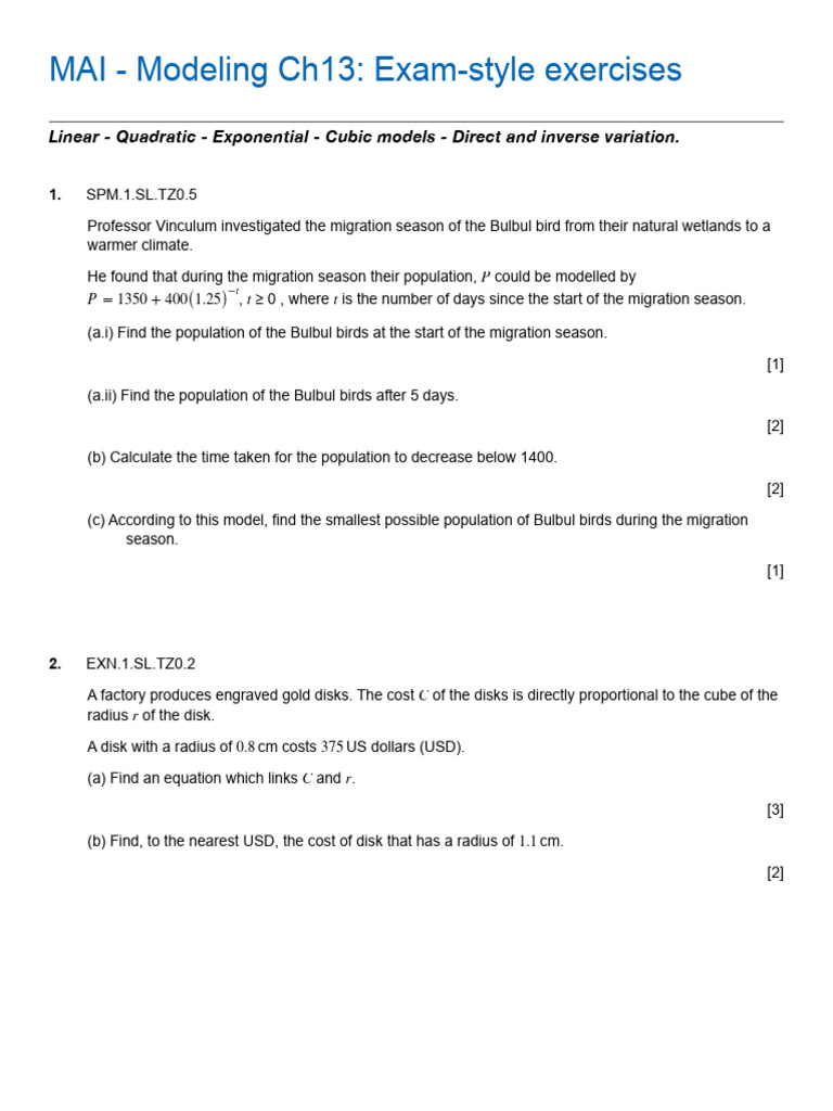 Modeling Exam-Style Exercises - Quadratic Exp Inv Direct Cubic | PDF