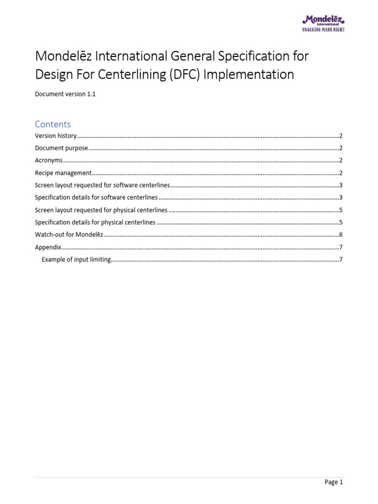 Mondelez General Specification For DFC Implementation | PDF