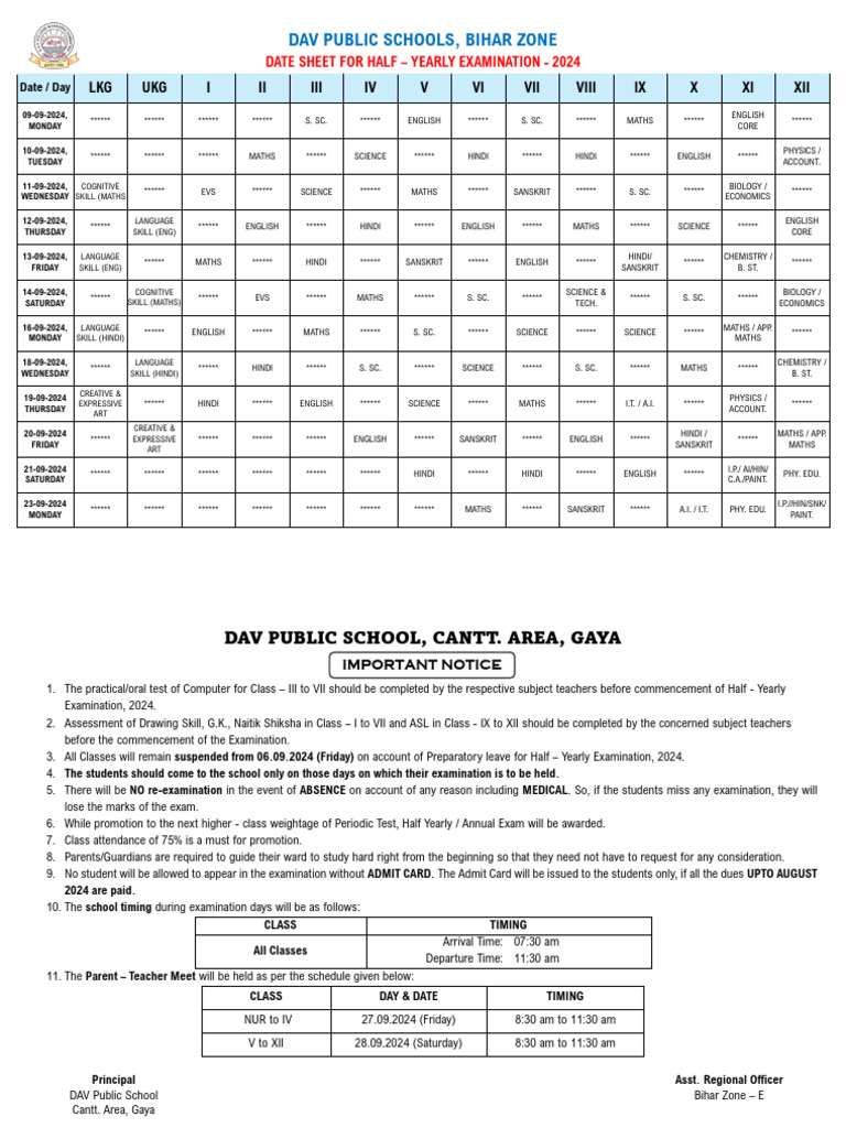 Date Sheet of Half Yearly Exam 2024 SCH | PDF