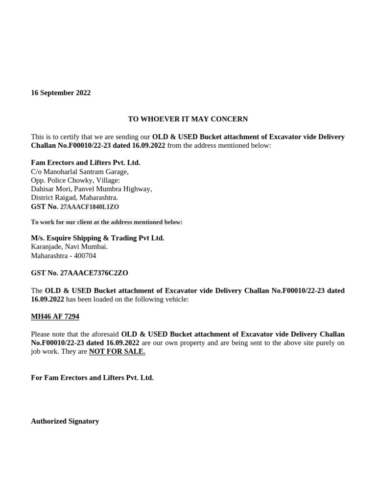 Declaration Letter For Bucket | PDF