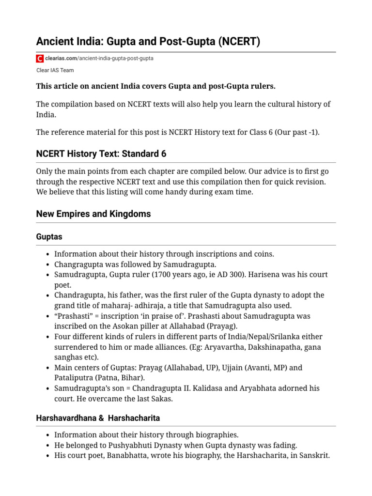 Ancient India - Gupta and Post-Gupta (NCERT) - Clear IAS | PDF