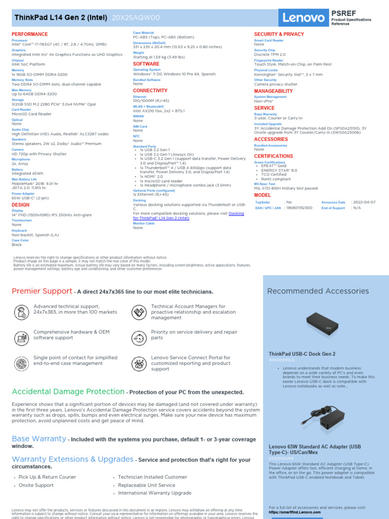 ThinkPad L14 Gen 2 Intel 20X2SAQW00 | PDF | Ingeniería Informática | Informática