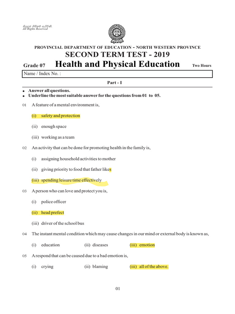 Grade 07 Health 2nd Term Test Paper 2023 English Medium - North Western ...