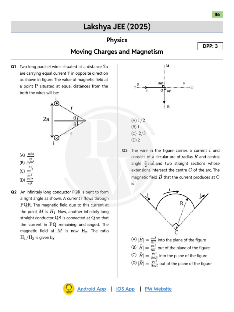 Moving Charges and Magnetism - DPP 03 (Of Lec 05) - Lakshya JEE 2025 | PDF