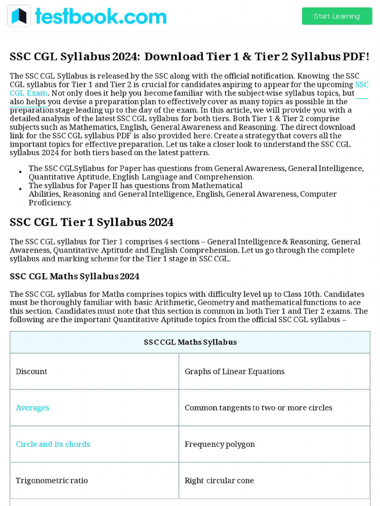SSC CGL Syllabus 2024 - Download Tier 1 & Tier 2 Syllabus PDF! | PDF