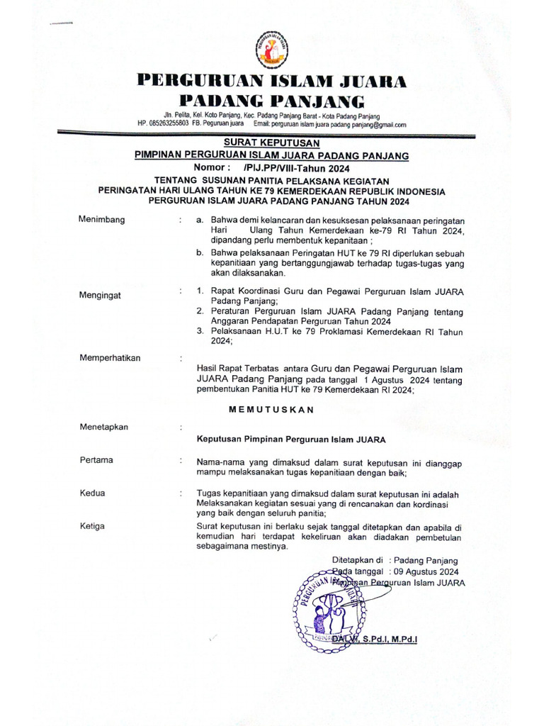 SK Panitia Pelaksana Kegiatan Peringatan Hut Ri Ke 79 | PDF