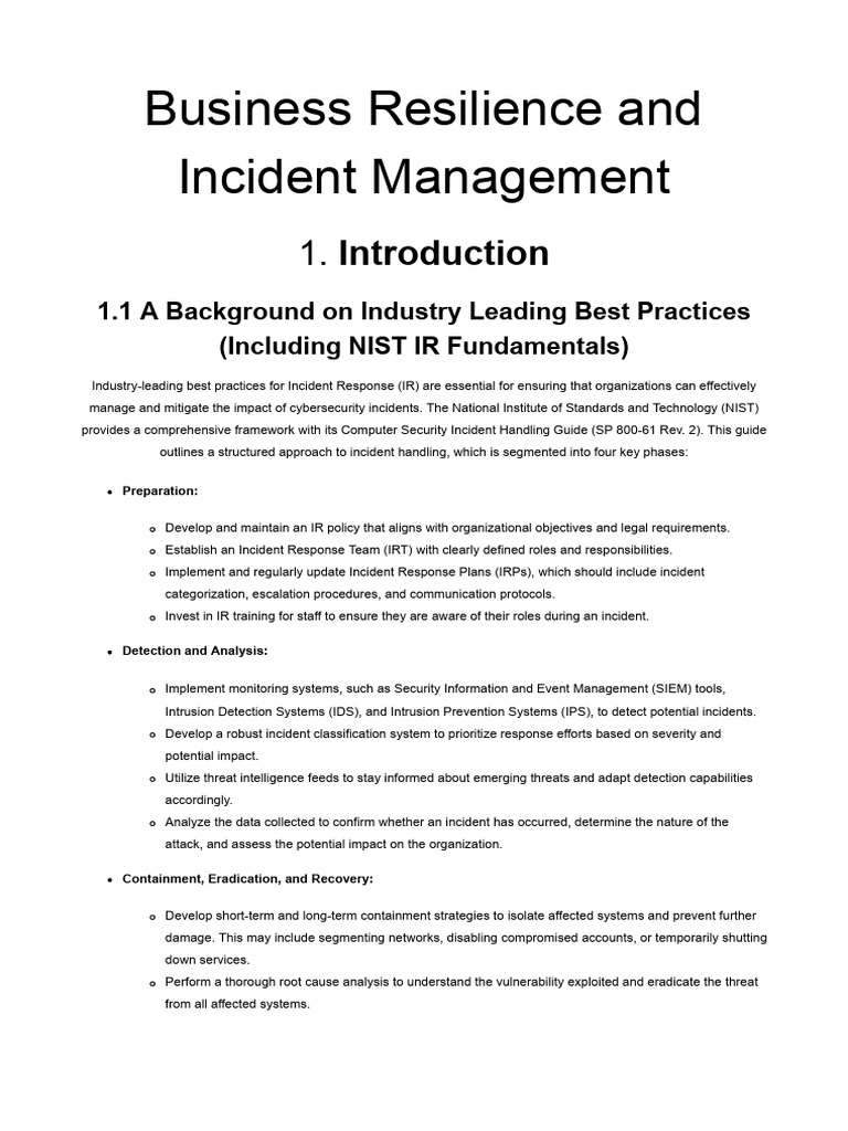 Business Resilience and Incident Management | PDF