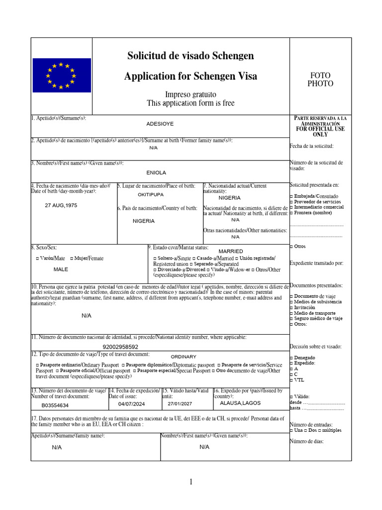 Spanish Visa Application Form ADE 45 | PDF