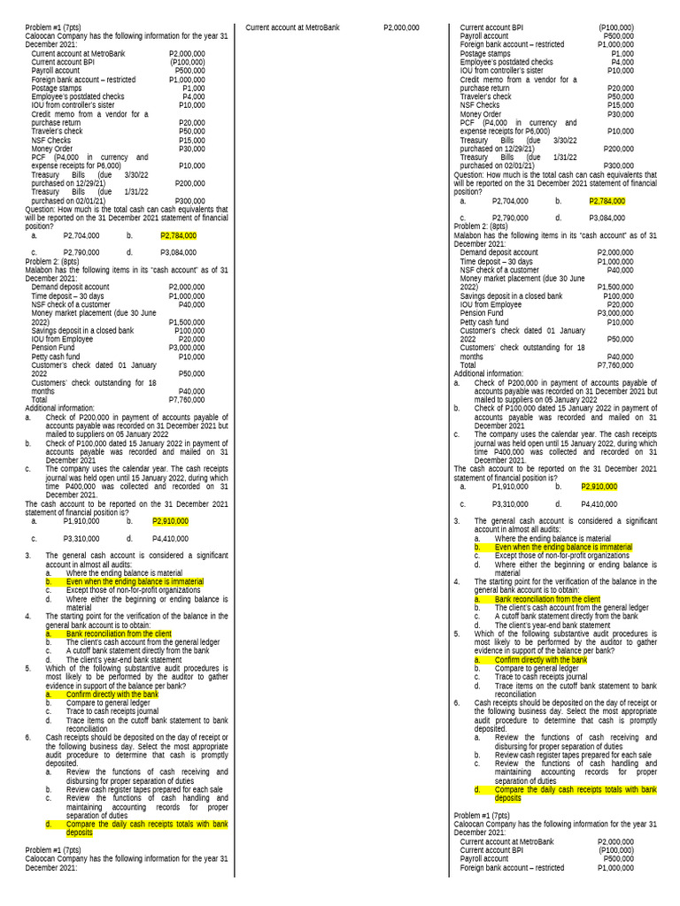 Finacc Vol 1 - Short Quiz | PDF | Banks | Audit