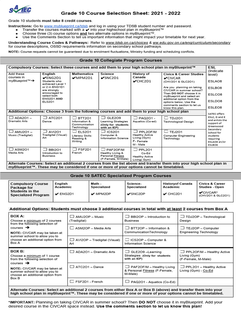 Grade 10 Course Selection Sheet 2021-22 - Docx | PDF