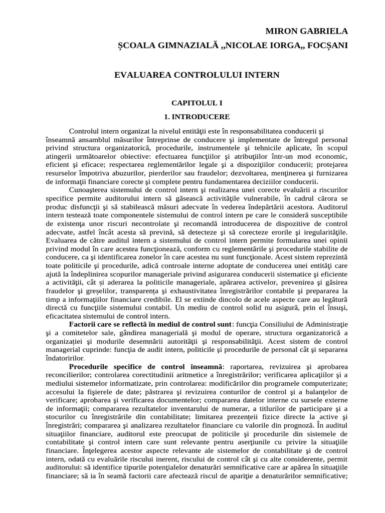 Evaluarea Controlului Intern | PDF