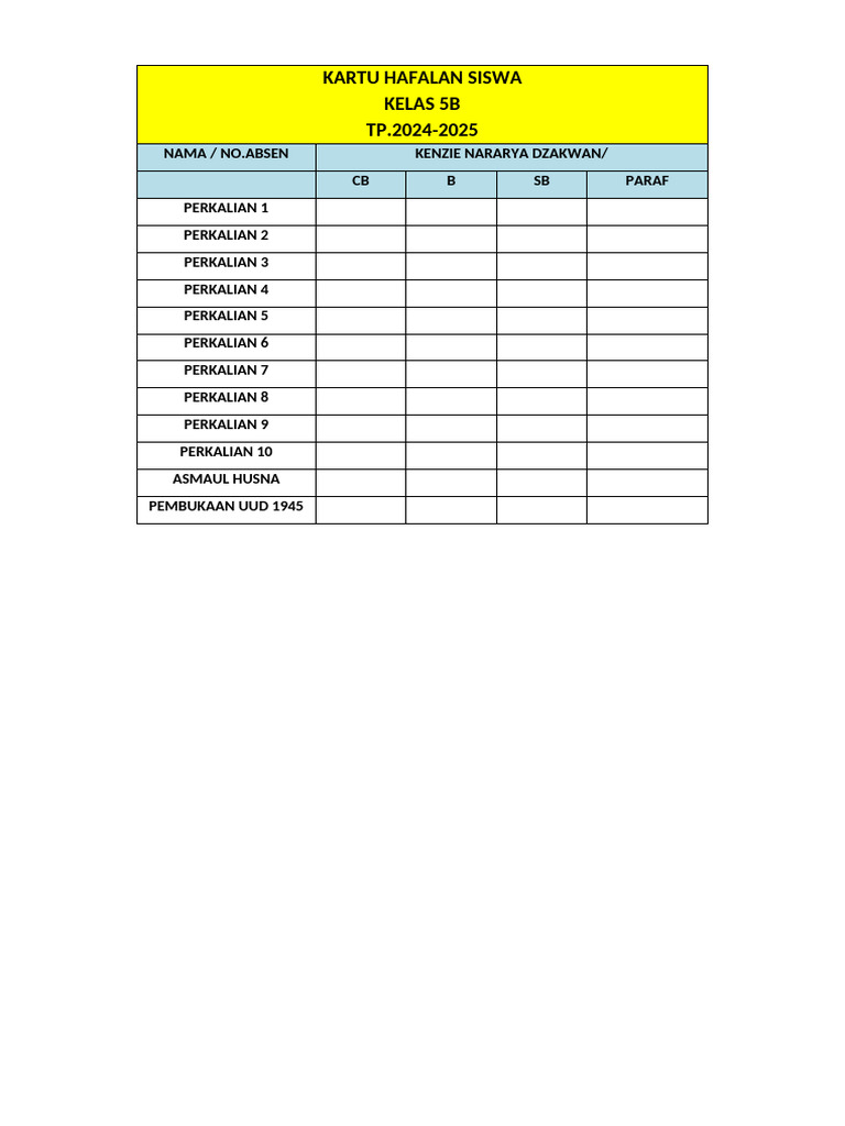 Kartu Hafalan Siswa 5b | PDF