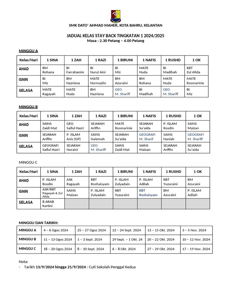 JADUAL PCA-Stay Back TING.1 2024 | PDF