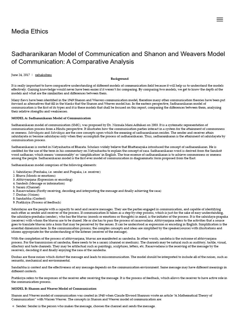 Sadharanikaran Model of Communication and Shanon and Weavers Model of Communication_ A ...