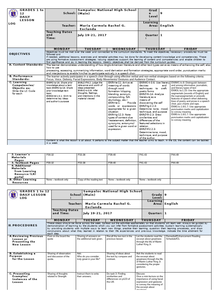 DLL 1st Quarter English 9 | PDF