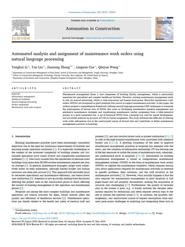 Automated Analysis and Assignment of Maintenance Work Orders Using Natural Language Processing | PDF