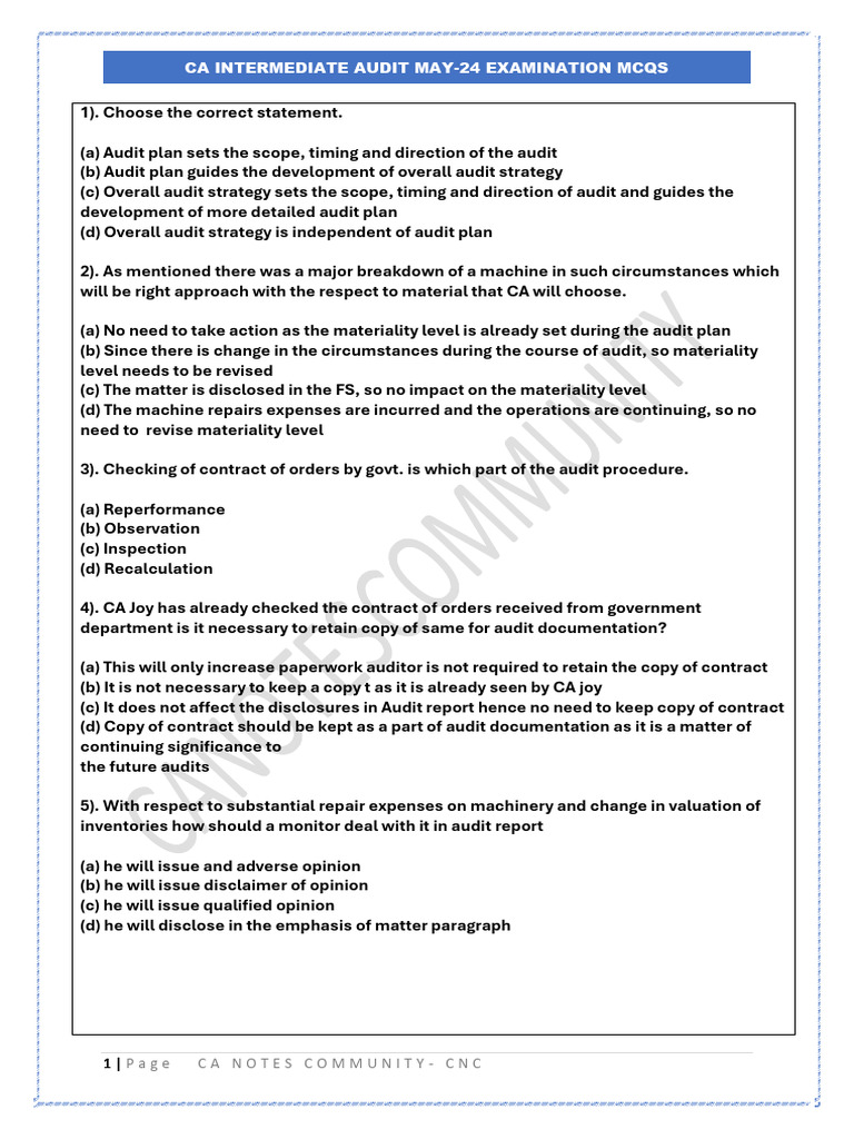 CA INTERMEDIATE AUDIT MCQs MAY-24 | PDF | Audit | Auditor's Report