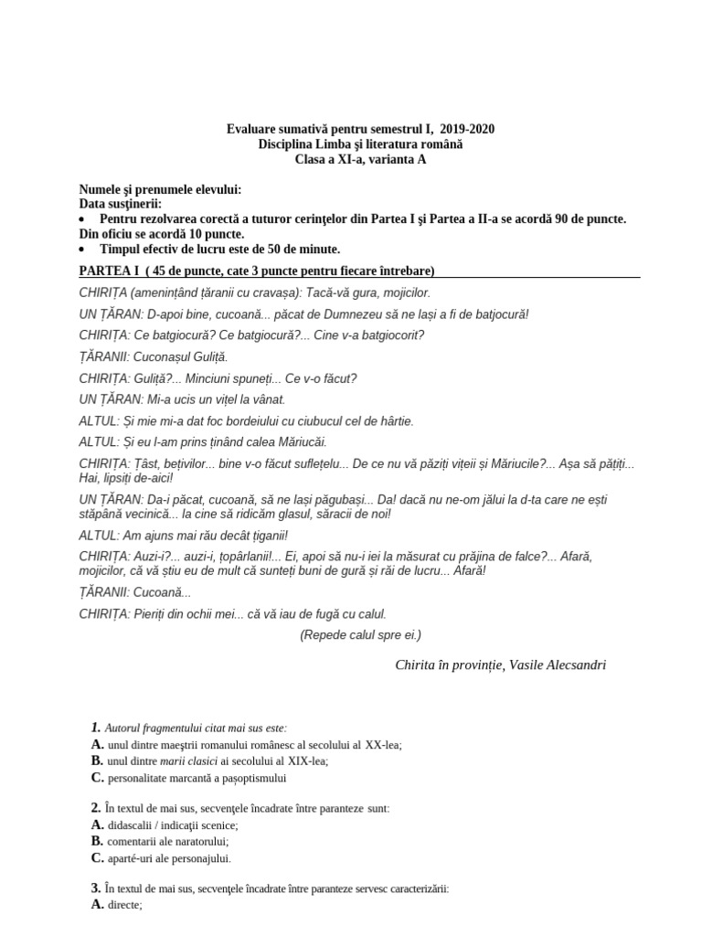 Clasa A XI - Teza | PDF