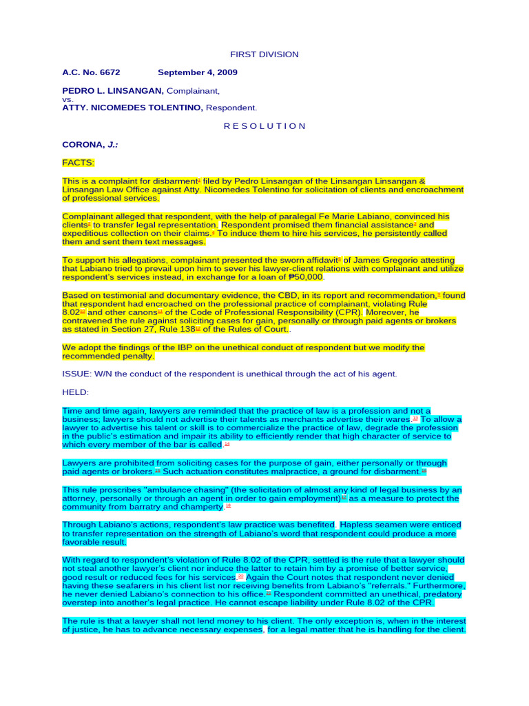 Linsangan Vs Tolentino (Pwede Sad Sa Legal Ethics) | PDF