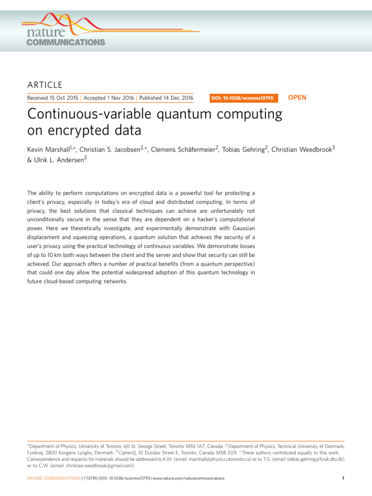 Continuous-Variable Quantum Computing On Encrypted | PDF
