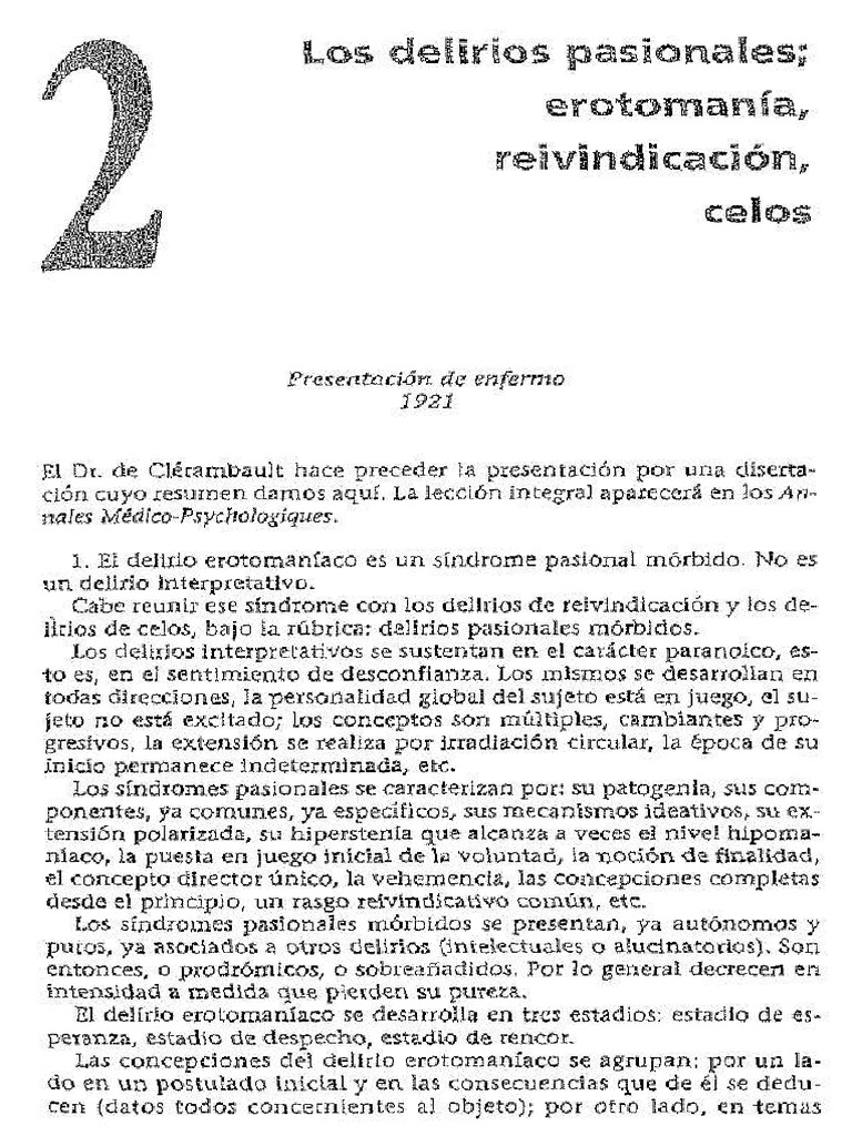 4 - De Clérambault, G. Los delirios pasionales erotomania, reivindiccaion, celos | PDF