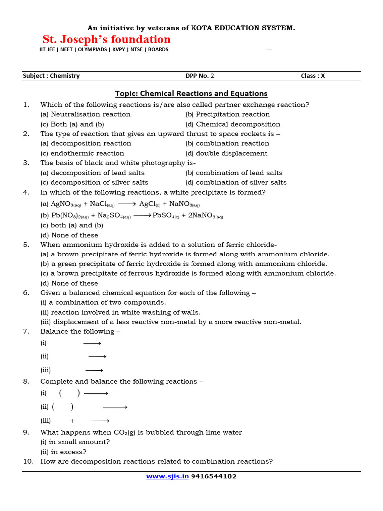 10th - Class (Chemistry) DPP - 2 - Chemical Reactions and Equations | PDF | Chemical Reactions ...