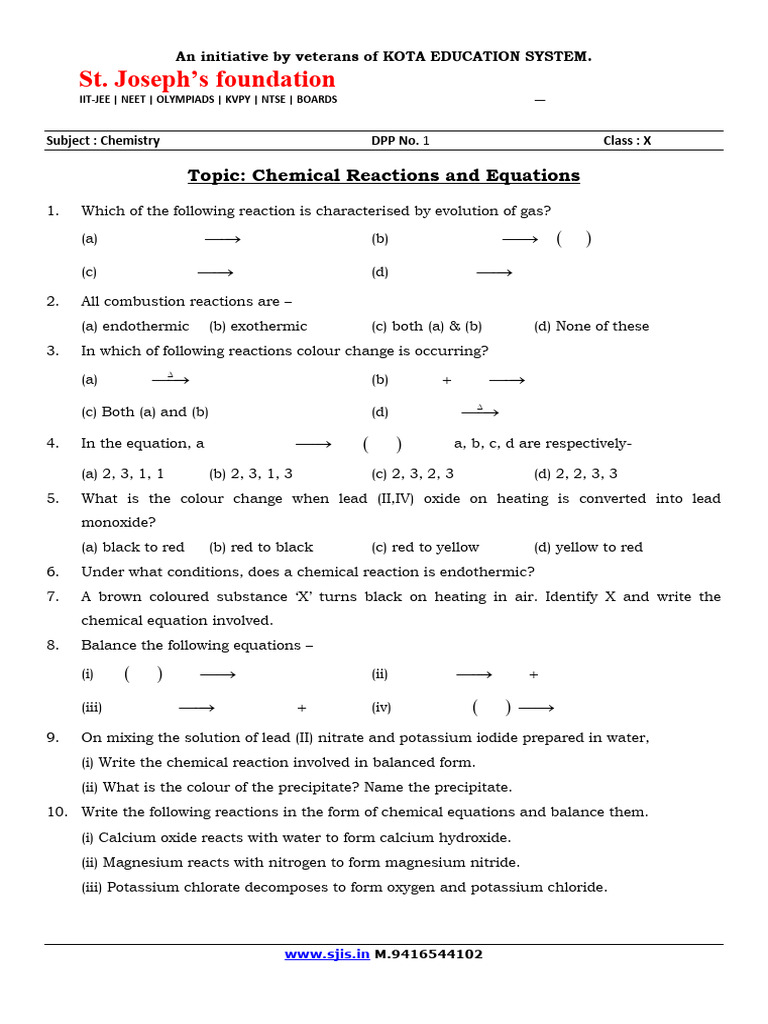 10th - Class (Chemistry) DPP - 1 - Chemical Reactions and Equations | PDF