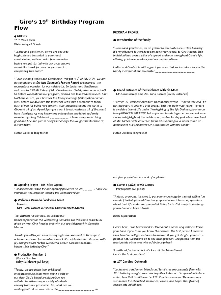 19th Birthday Program Flow | PDF