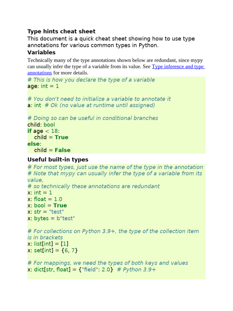 Type Hints Cheat Sheet | PDF