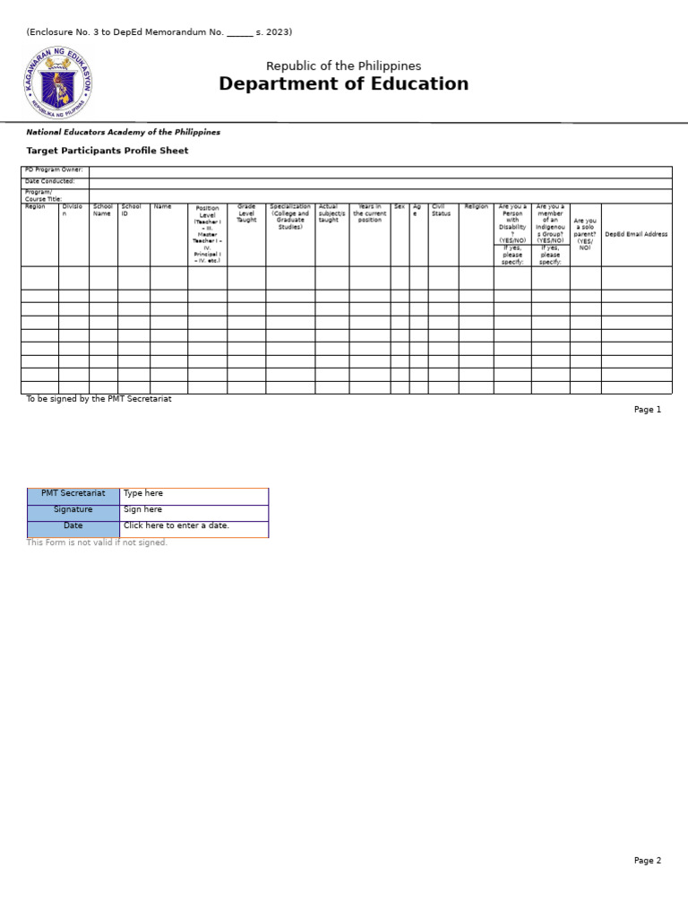 Enclosure No. 3 Target Participants Profile Sheet | PDF