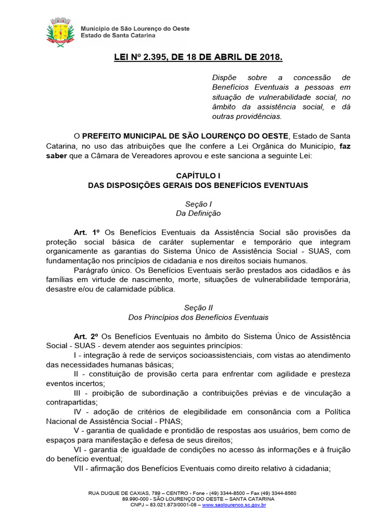 Lei #2 395 Benefícios Eventuais | PDF