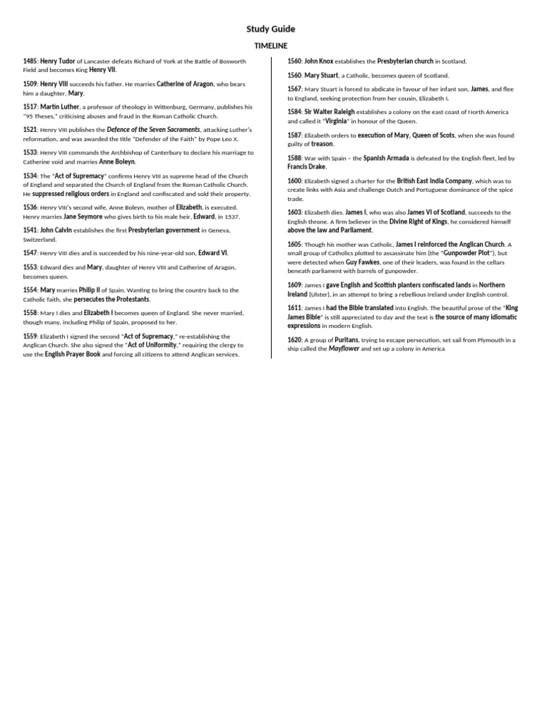 Study Guide Elizabethan Age Timeline | PDF