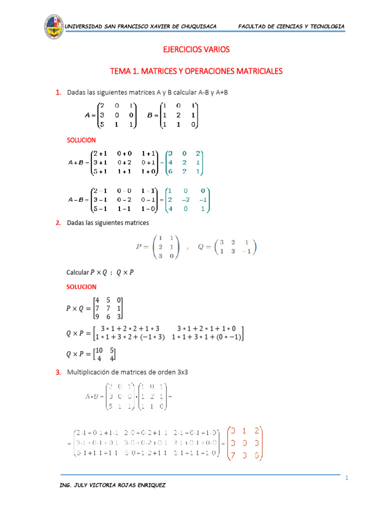 Ejercicios Resueltos Matrices y Operaciones Matriciales | PDF | Matriz ...