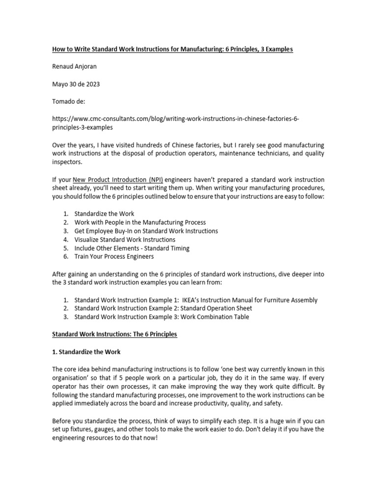 How To Write Standard Work Instructions For Manufacturing | PDF